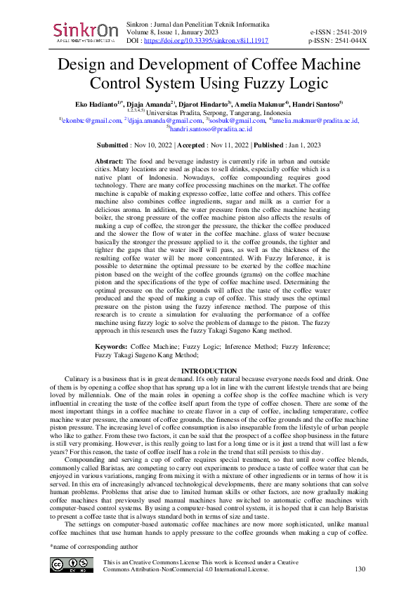 (PDF) Design and Development of Coffee Machine Control System Using Fuzzy Logic