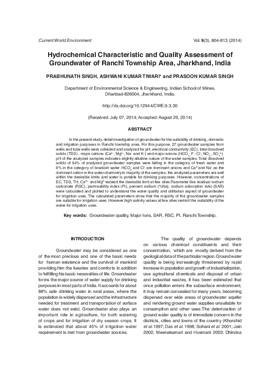 (PDF) Hydrochemical Characteristic and Quality Assessment of Groundwater of Ranchi Township Area ...