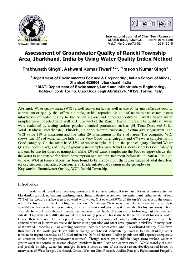 (PDF) Assessment of Groundwater Quality of Ranchi Township Area, Jharkhand, India by Using Water ...