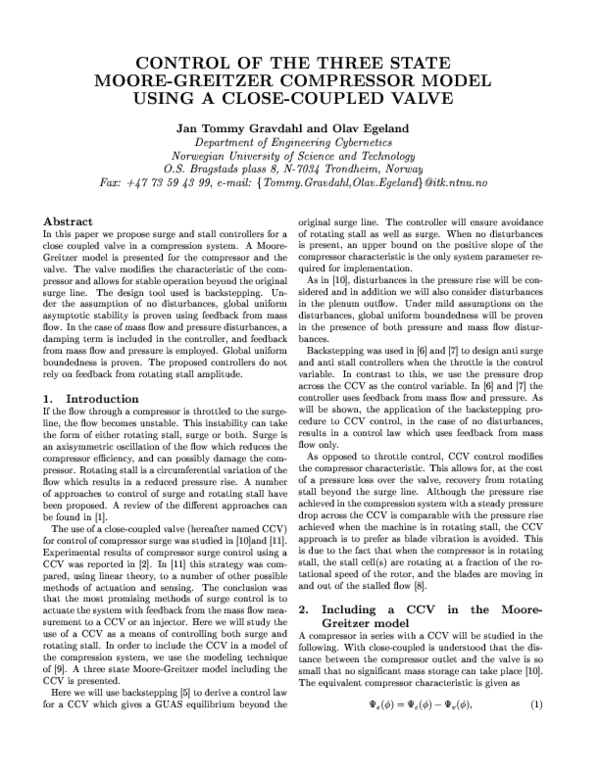 (PDF) Control of the three state Moore-Greitzer compressor model using ...