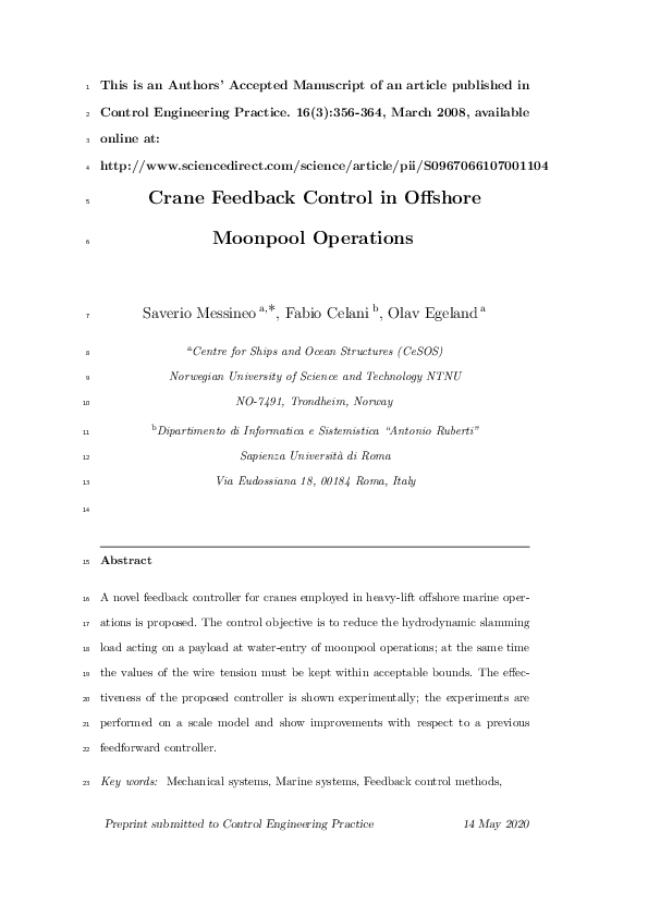 (PDF) Crane feedback control in offshore moonpool operations