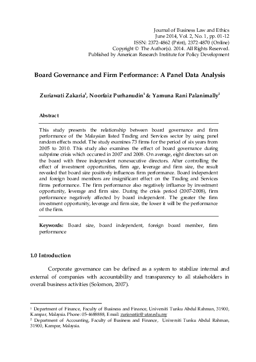 (PDF) Board Governance and Firm Performance: A Panel Data Analysis