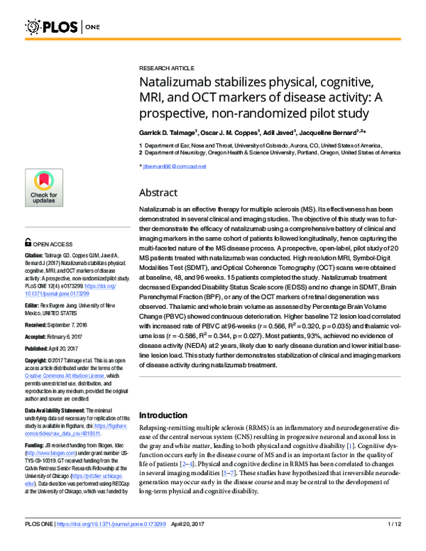 (PDF) Natalizumab stabilizes physical, cognitive, MRI, and OCT markers ...