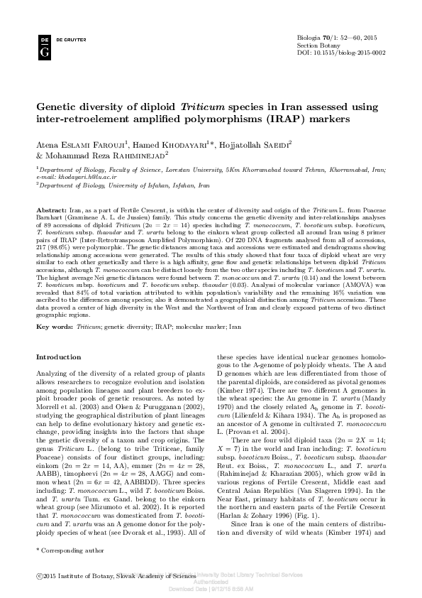 (PDF) Genetic diversity of diploid Triticum species in Iran assessed ...