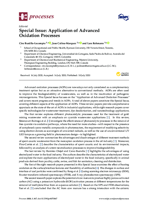 (PDF) Special Issue: Application of Advanced Oxidation Processes (PDF) Special Issue: Application of Advanced Oxidation Processes