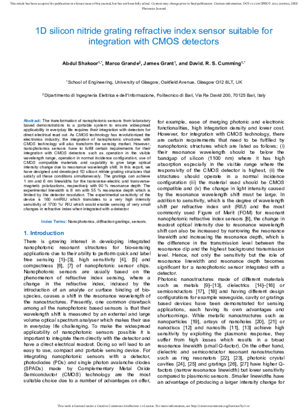 Pdf 1d Silicon Nitride Grating Refractive Index Sensor Suitable For Integration With Cmos