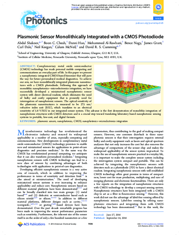 (PDF) Plasmonic Sensor Monolithically Integrated with a CMOS Photodiode