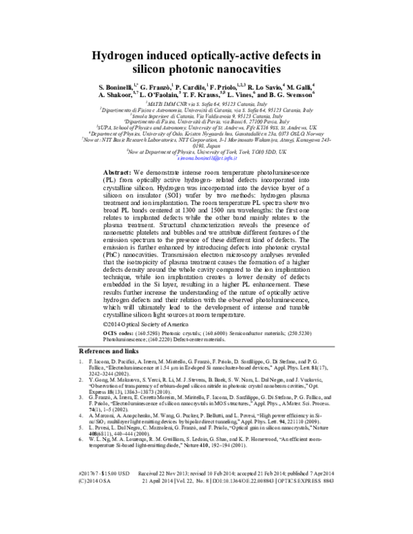 (PDF) Hydrogen induced optically-active defects in silicon photonic ...