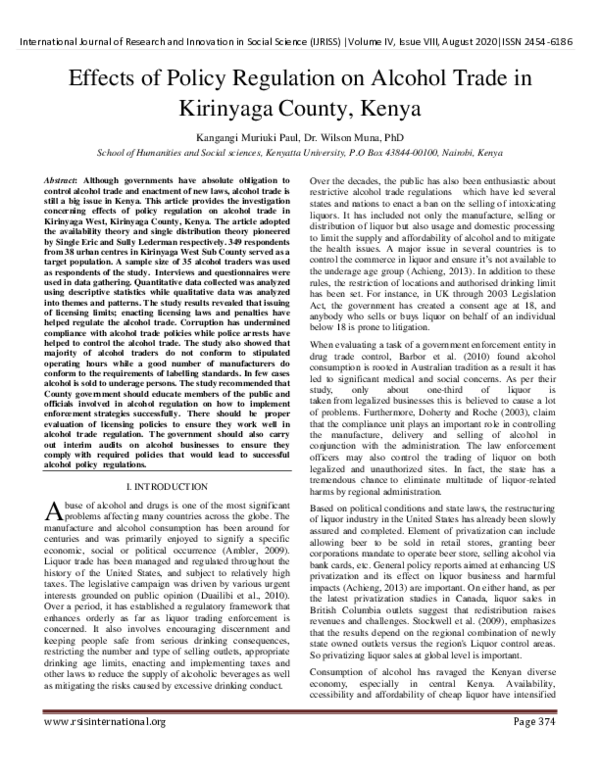 (PDF) Effects of Policy Regulation on Alcohol Trade in Kirinyaga County ...