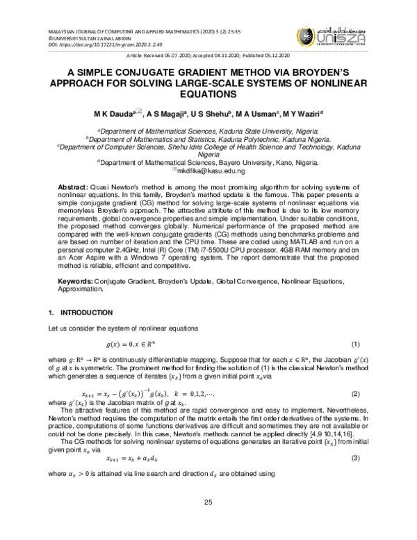 Pdf A Simple Conjugate Gradient Type Method For Solving Large Scale Systems Of Nonlinear 3717