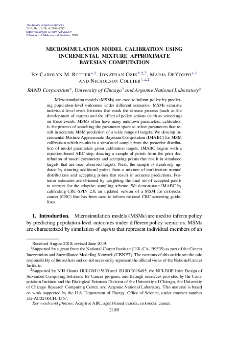 Pdf Microsimulation Model Calibration Using Incremental Mixture Approximate Bayesian Computation 9990