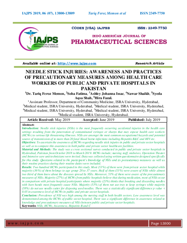 (PDF) Needle Stick Injuries: Awareness and Practices of Precautionary ...