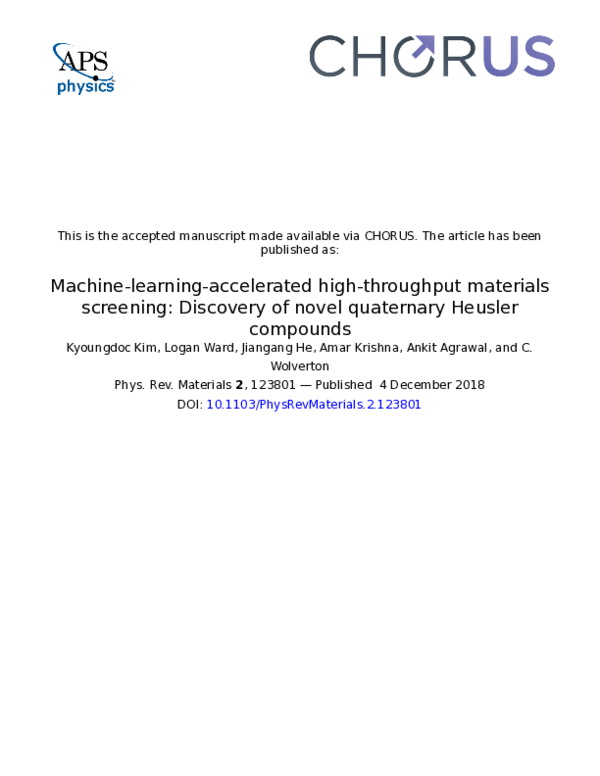 (PDF) Machine-learning-accelerated high-throughput materials screening: Discovery of novel ...