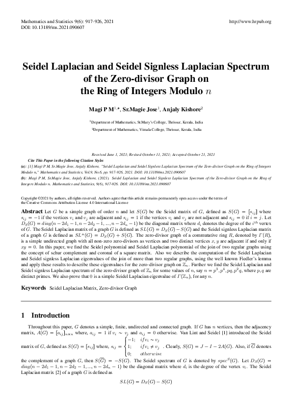 (PDF) Seidel Laplacian and Seidel Signless Laplacian Spectrum of the Zero-divisor Graph on the ...