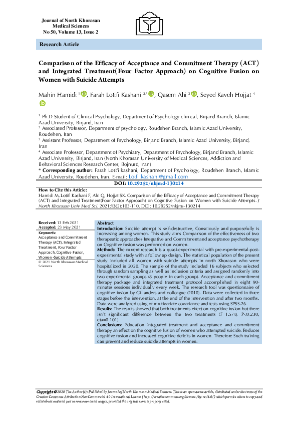 (PDF) Comparison of the Efficacy of Acceptance and Commitment Therapy (ACT) and Integrated ...