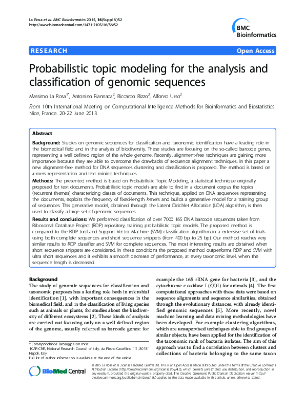 (PDF) Probabilistic topic modeling for the analysis and classification of genomic sequences