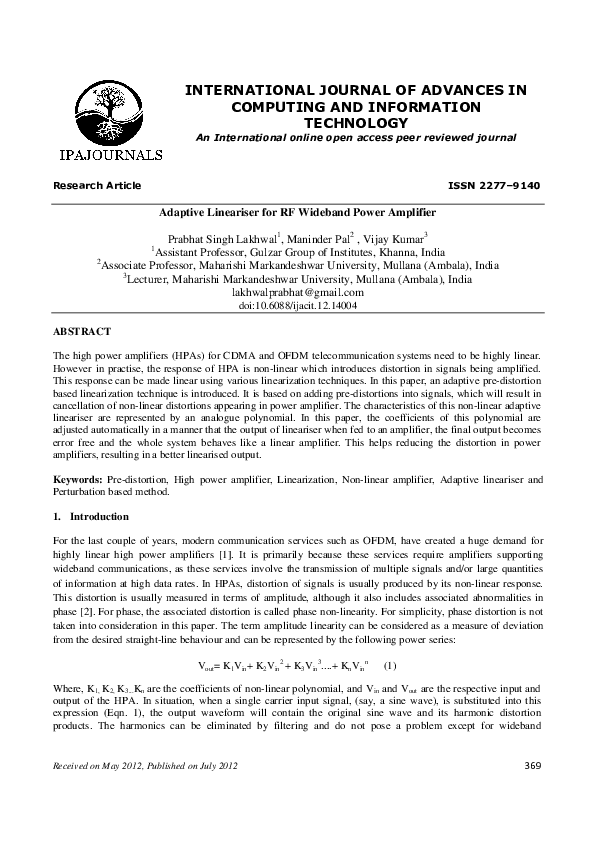 (PDF) Adaptive Lineariser for RF Wideband Power Amplifier