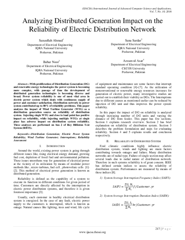 (PDF) Analyzing Distributed Generation Impact on the Reliability of Electric Distribution Network