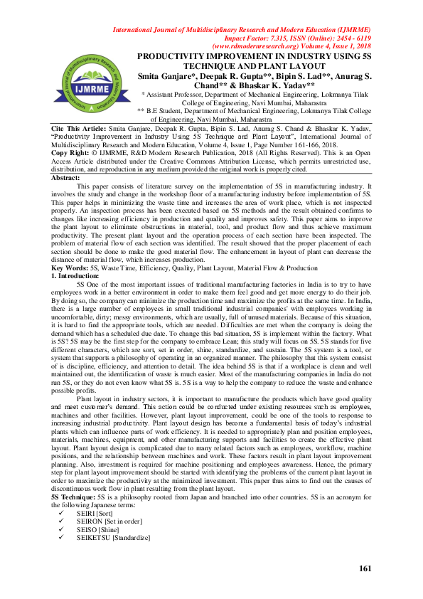 (PDF) Productivity Improvement In Industry Using 5S Technique And Plant Layout