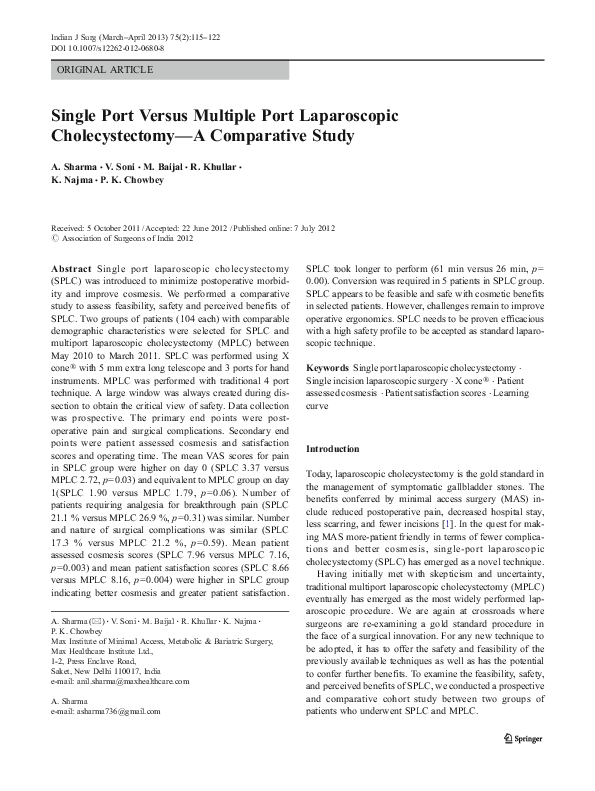 (PDF) Single Port Versus Multiple Port Laparoscopic Cholecystectomy—A ...