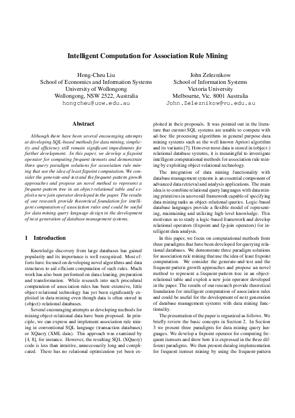 (PDF) Intelligent Computation for Association Rule Mining | Hong-Cheu Liu - Academia.edu