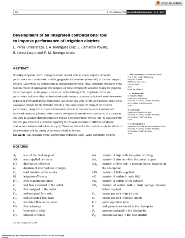 (PDF) Development of an integrated computational tool to improve performance of irrigation districts