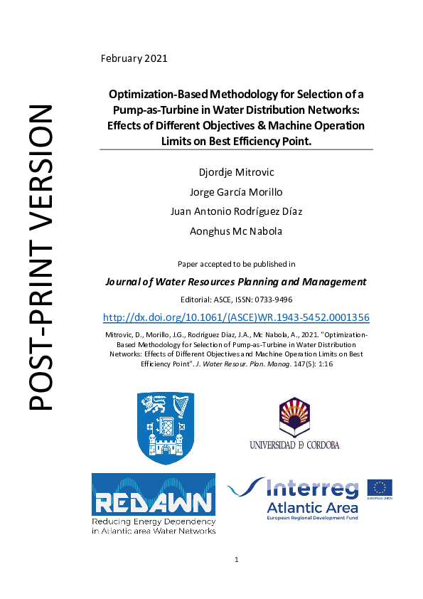 (PDF) Optimization-Based Methodology for Selection of Pump-as-Turbine in Water Distribution ...