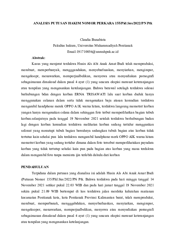 (DOC) ANALISIS PUTUSAN HAKIM NOMOR PERKARA 155/Pid.Sus/2022/PN Ptk