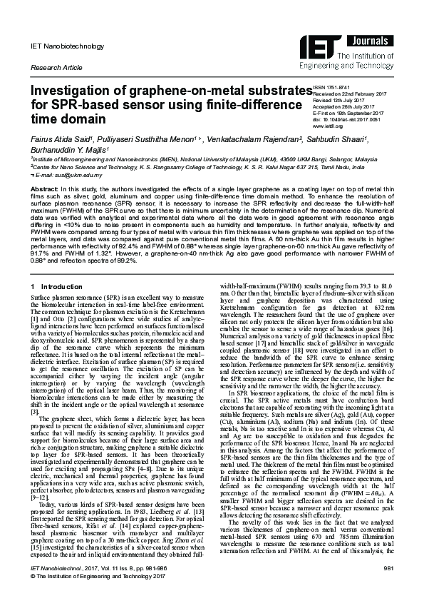 Pdf Investigation Of Graphene‐on‐metal Substrates For Spr‐based Sensor Using Finite‐difference 