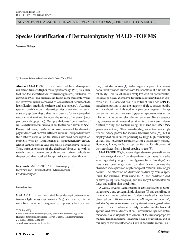 (PDF) Species Identification of Dermatophytes by MALDI-TOF MS