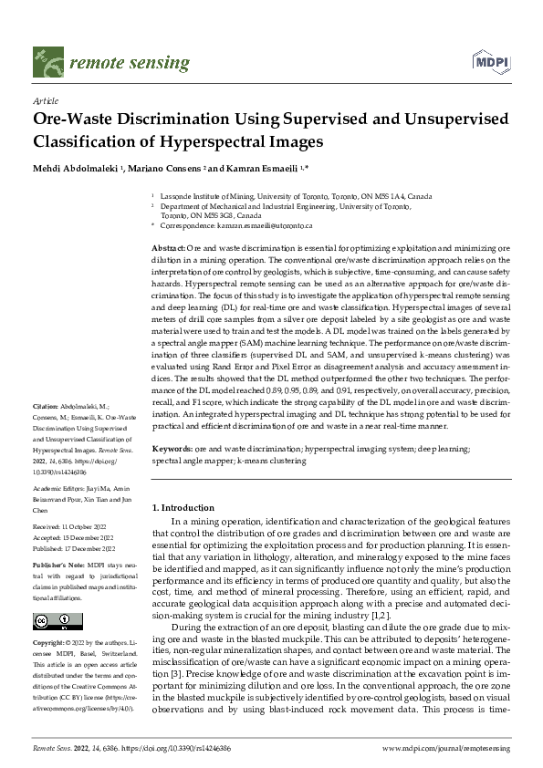 (PDF) Ore-Waste Discrimination Using Supervised and Unsupervised Classification of Hyperspectral ...