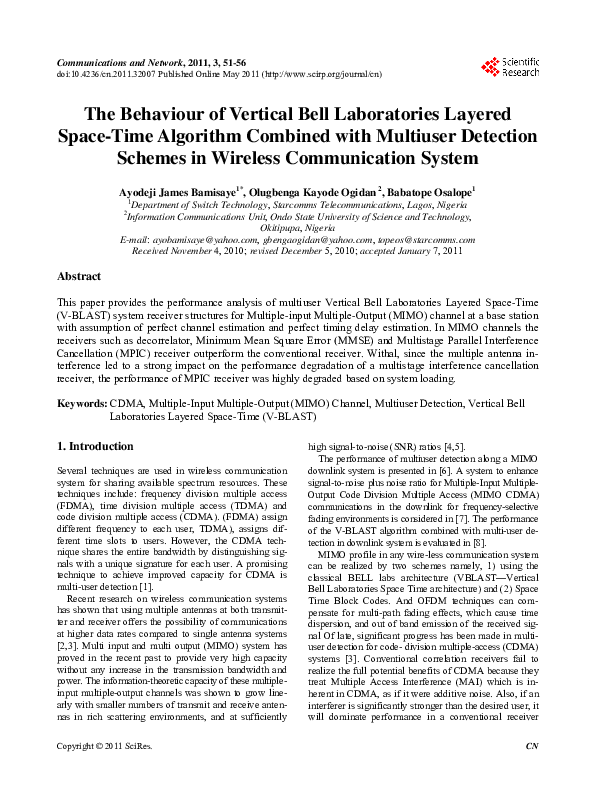 (PDF) The Behaviour of Vertical Bell Laboratories Layered Space-Time Algorithm Combined with ...