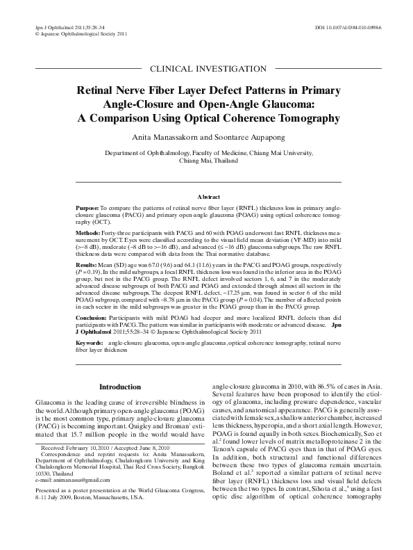 Pdf Retinal Nerve Fiber Layer Defect Patterns In Primary Angle Closure And Open Angle Glaucoma