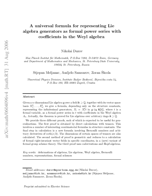 (PDF) A universal formula for representing Lie algebra generators as ...