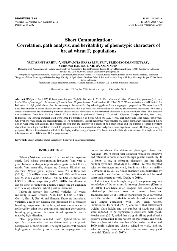 (PDF) Correlation , path analysis , and heritability of phenotypic characters of bread wheat F 2 ...