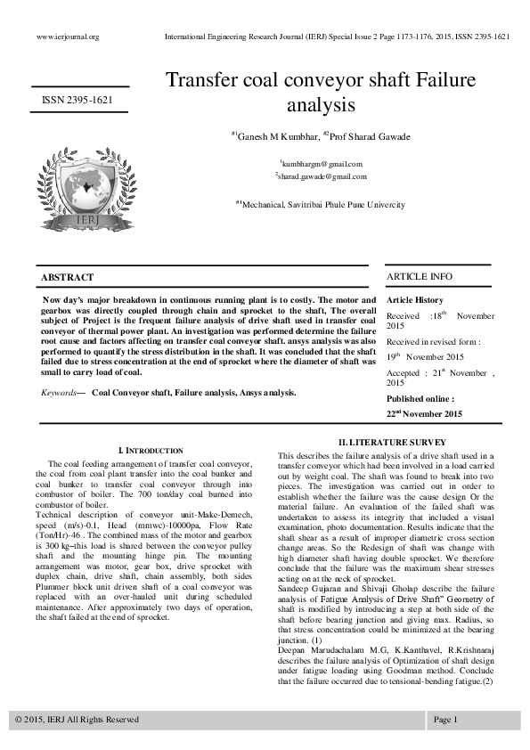 (PDF) Transfer coal conveyor shaft Failure analysis