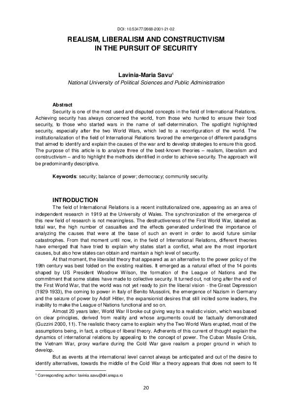 (PDF) Realism, Liberalism and Constructivism in the Pursuit of Security