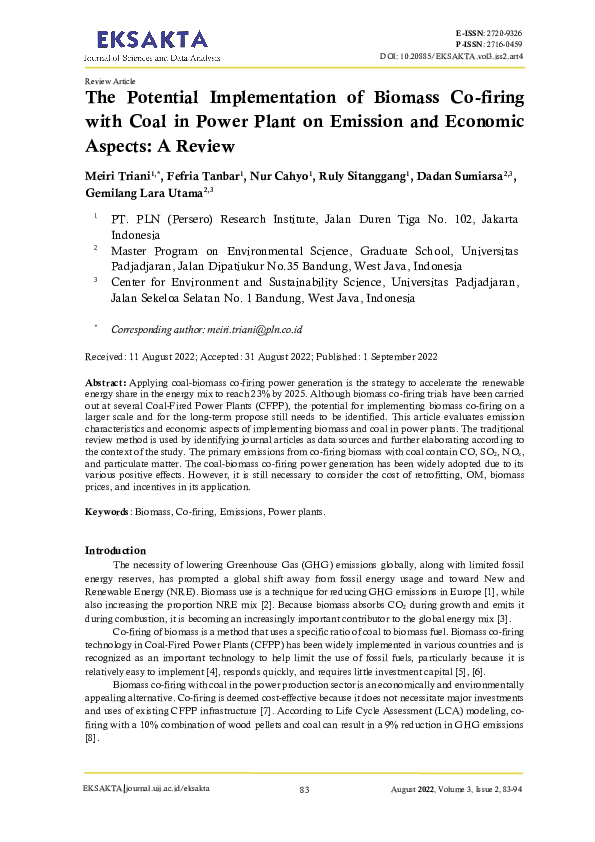 (PDF) The Potential Implementation of Biomass Co-firing with Coal in Power Plant on Emission and ...