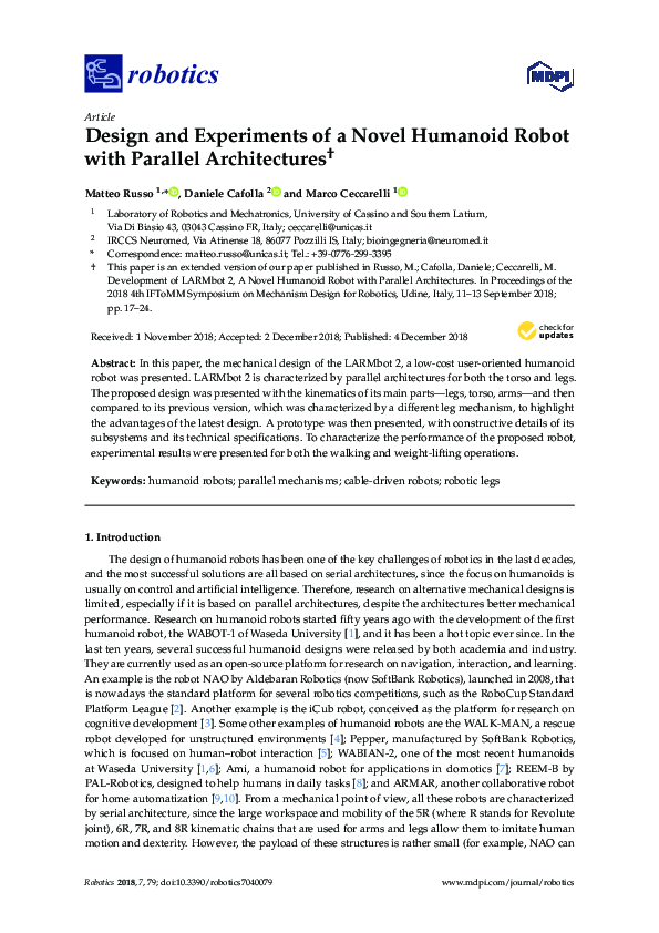 (PDF) Design and Experiments of a Novel Humanoid Robot with Parallel Architectures | Marco ...