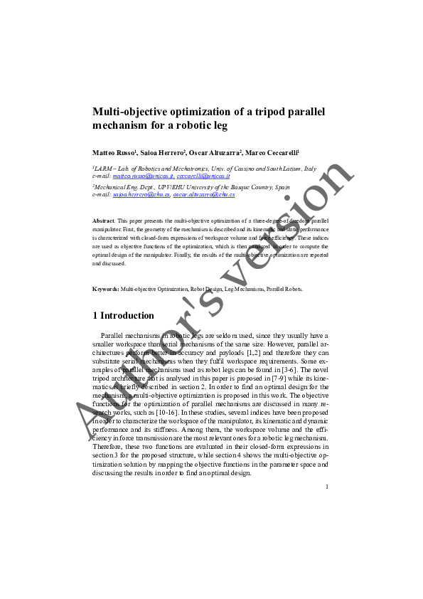 (PDF) Multi-objective Optimization of a Tripod Parallel Mechanism for a Robotic Leg
