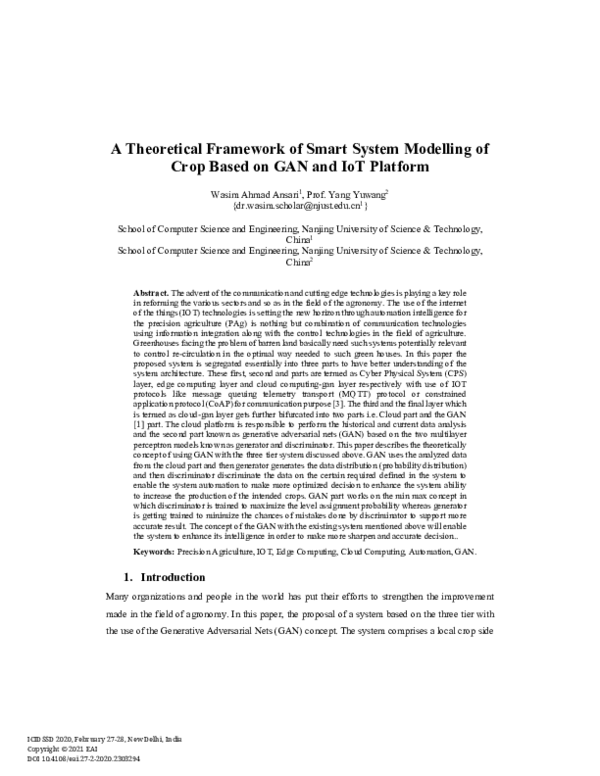 (PDF) A Theoretical Framework of Smart System Modelling of Crop Based on GAN and IoT Platform