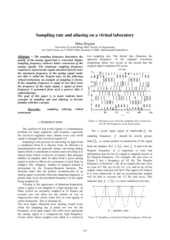 (PDF) Sampling rate and aliasing on a virtual laboratory | Mihai Bogdan - Academia.edu