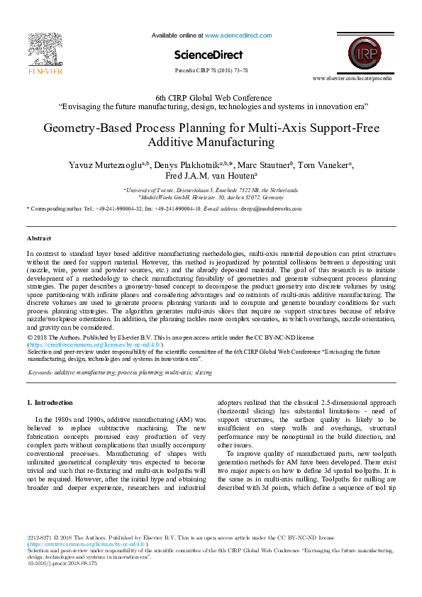 (PDF) Geometry-Based Process Planning for Multi-Axis Support-Free Additive Manufacturing