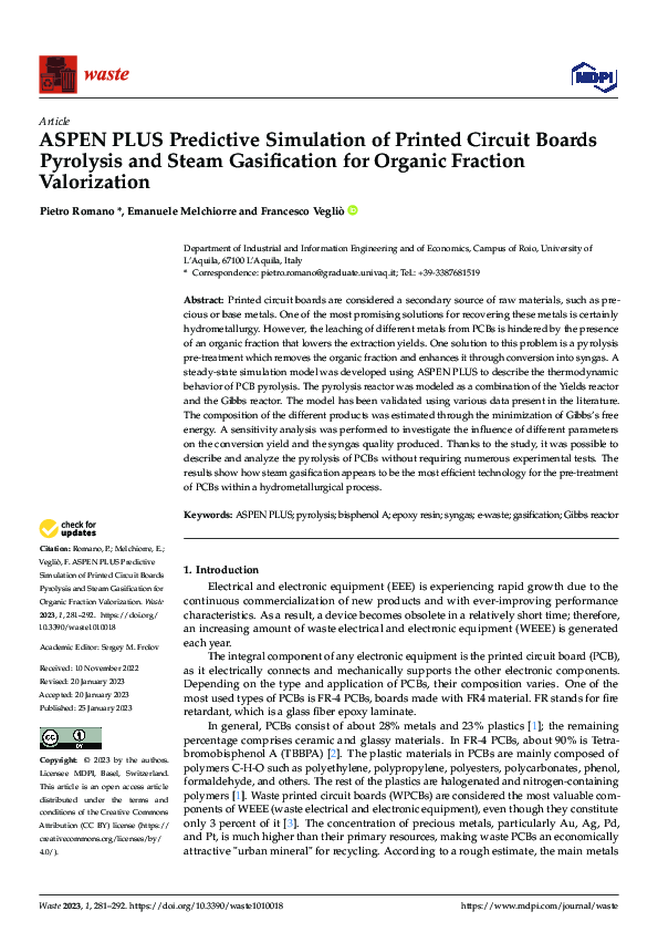 (PDF) ASPEN PLUS Predictive Simulation of Printed Circuit Boards Pyrolysis and Steam ...