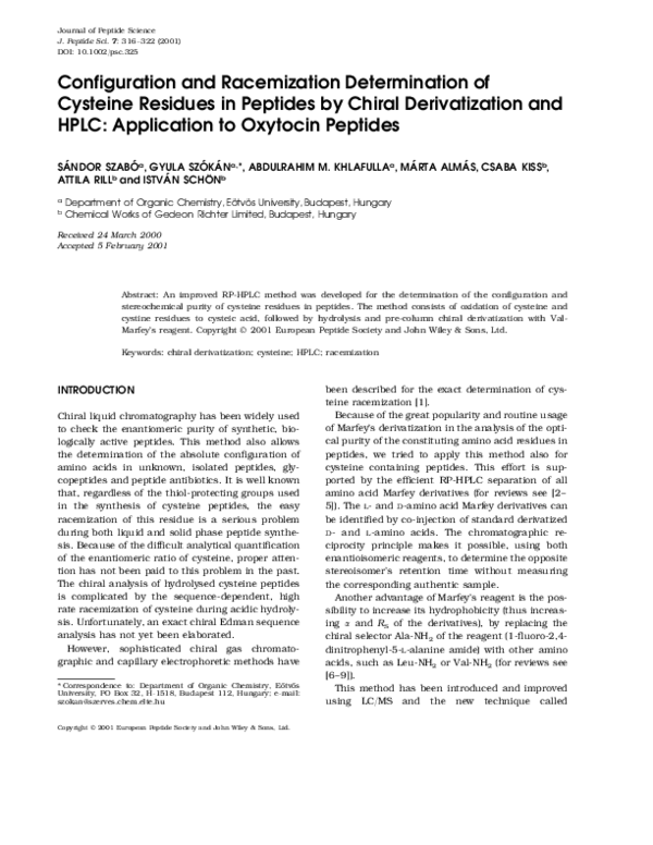 (PDF) Configuration and racemization determination of cysteine residues ...
