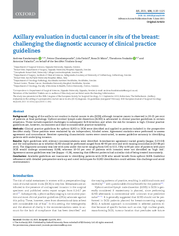 (PDF) Axillary evaluation in ductal cancer in situ of the breast: challenging the diagnostic ...