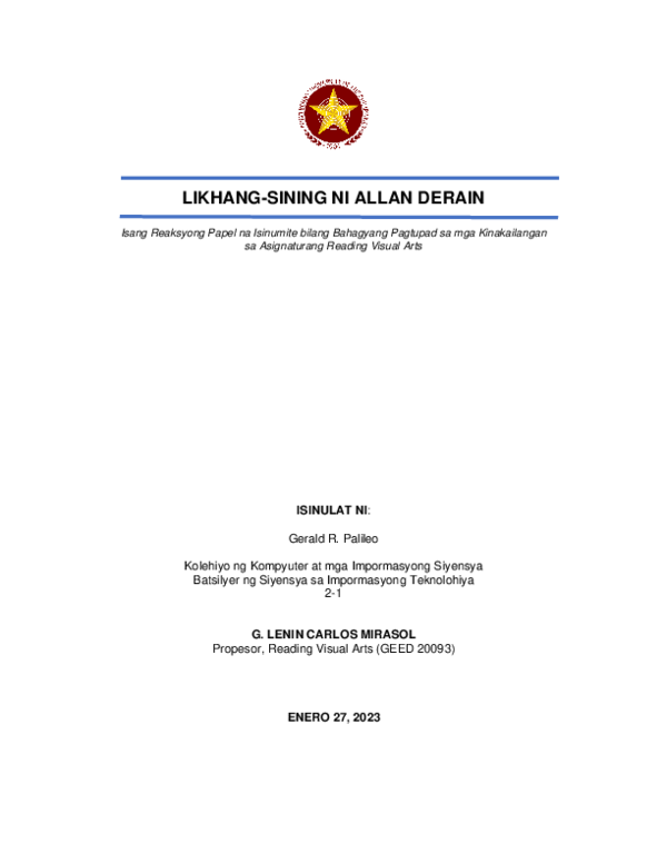 (PDF) "LIKHANG-SINING NI ALLAN DERAIN" - Isang Reaksyong Papel