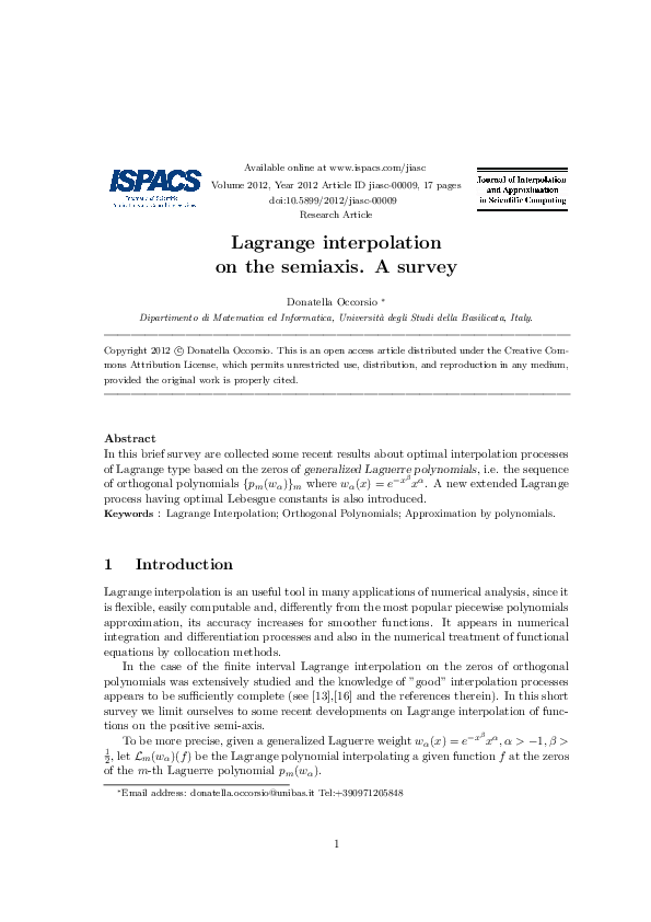 (PDF) Lagrange interpolation on the semiaxis. A survey