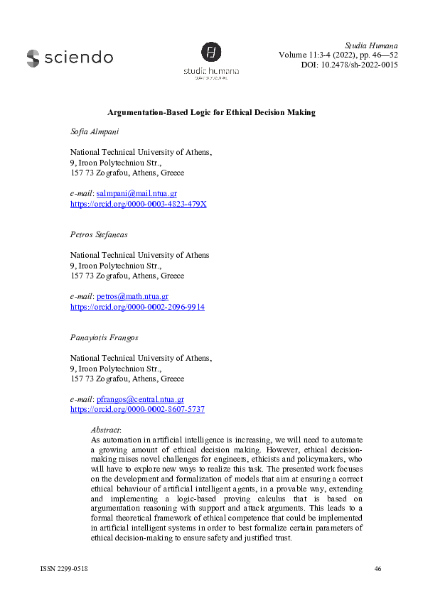 (PDF) Argumentation-Based Logic for Ethical Decision Making