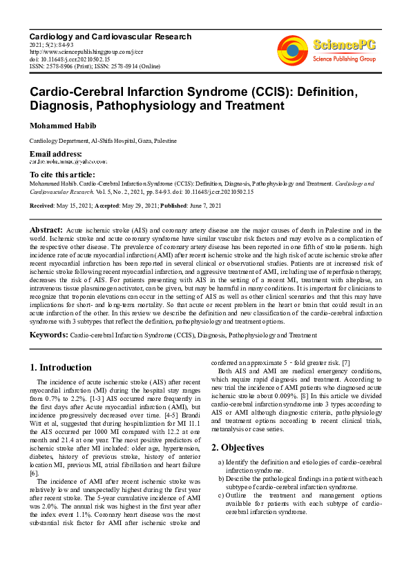 (PDF) Cardio-Cerebral Infarction Syndrome (CCIS): Definition, Diagnosis, Pathophysiology and ...